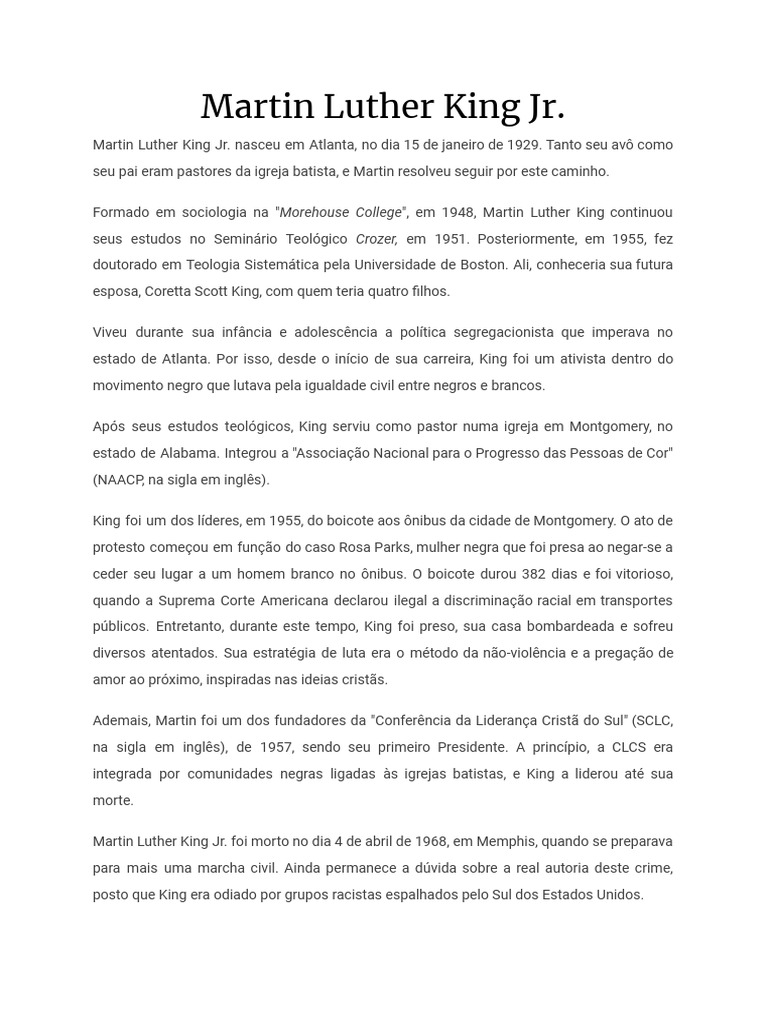 Martin Luther King JR Biografia. | PDF
