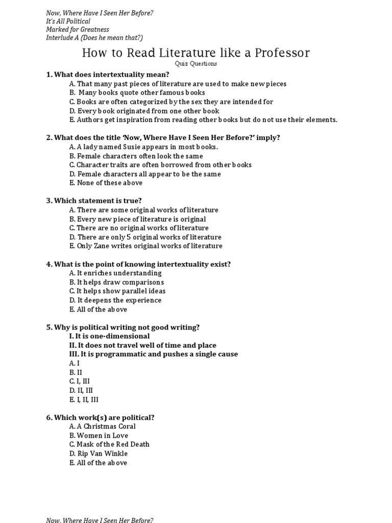 Literature Analysis Quiz: Key Themes | PDF | General Fiction