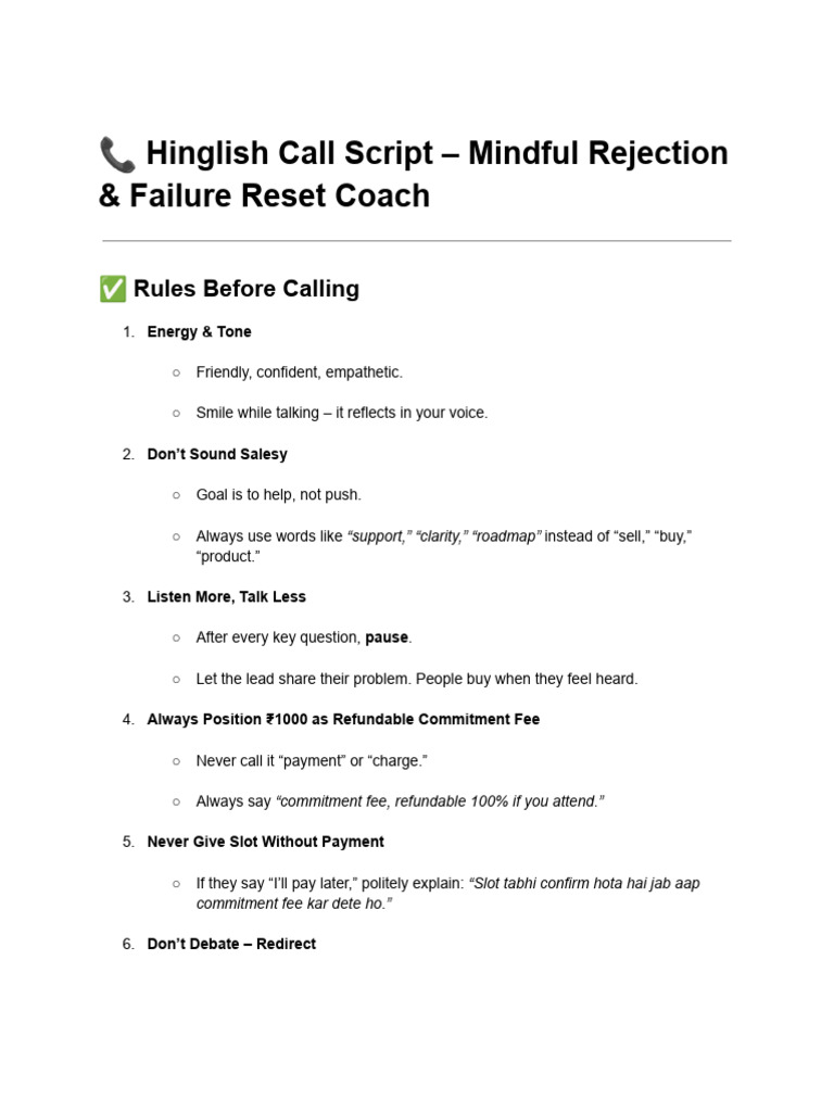 ? Hinglish Call Script - Mindful Rejection & Failure Reset Coach | PDF