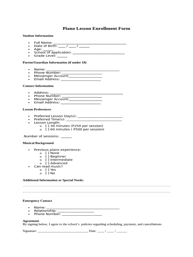 Piano Lesson Enrollment Form | PDF