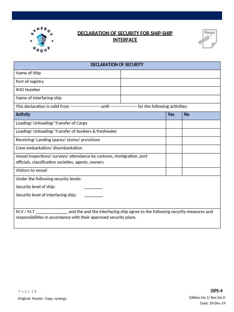ISPS 4 - Declaration of Security For Ship-Ship Interface | PDF | Ships ...