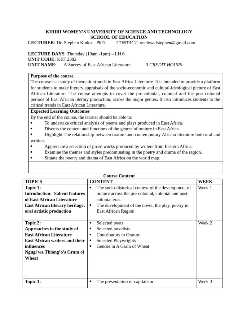 East African Literature Course Overview | PDF | African Literature ...