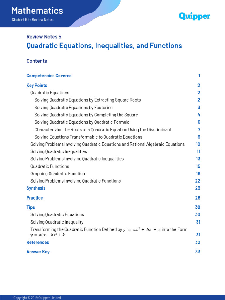 CET Review Quadratic Equations, Inequalities, and Functions | PDF ...
