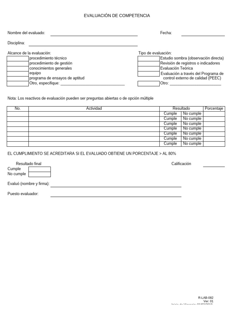 R-LAB-082 - Evaluación de Competencia - Ver 01 | PDF