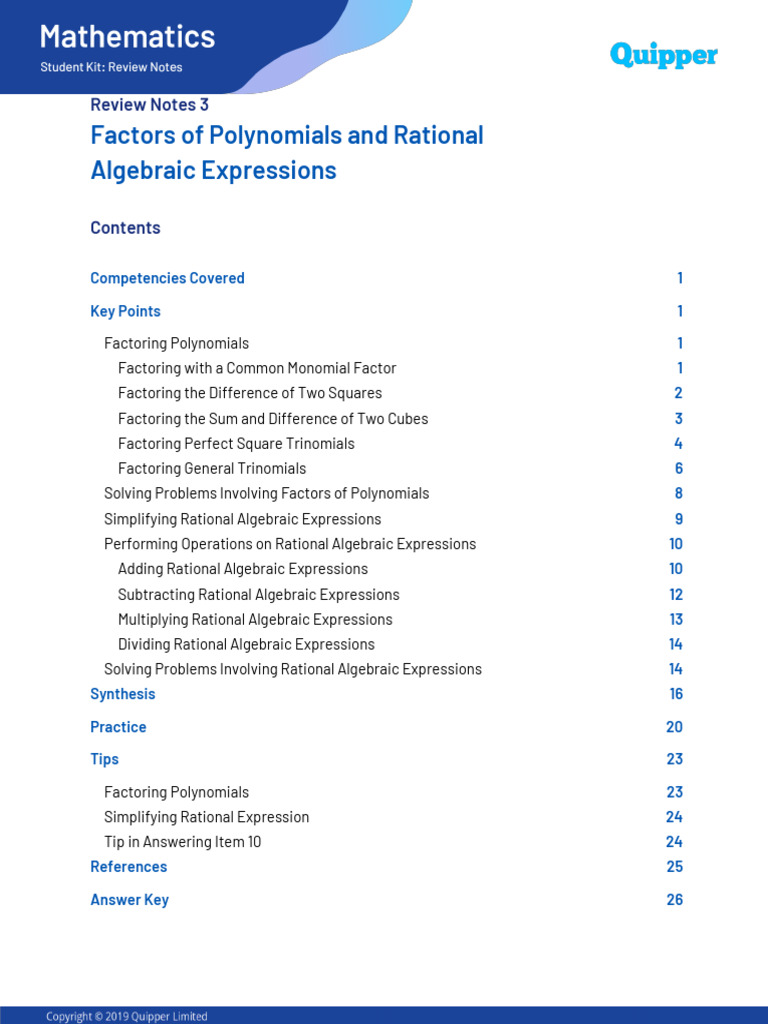 CET MATH Factors of Polynomials and Rational Algebraic Expressions ...