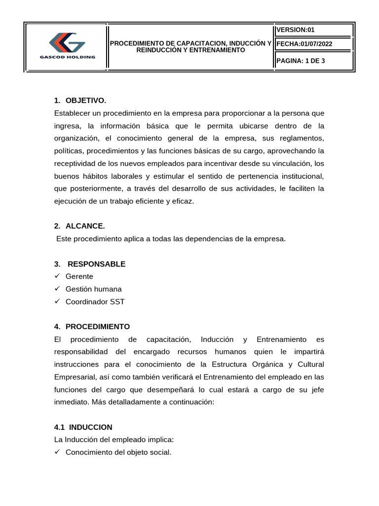 Procedimiento de Induccion Capacitacion y Entrenamiento | PDF | Gestión ...