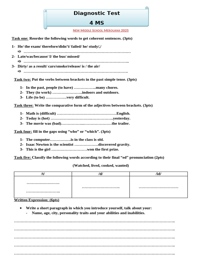 Middle School English Diagnostic Test 2025 | PDF