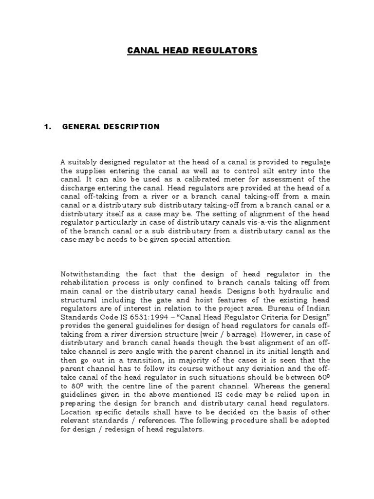 Canal Head Regulator Design Guidelines | PDF | Canal | Discharge ...
