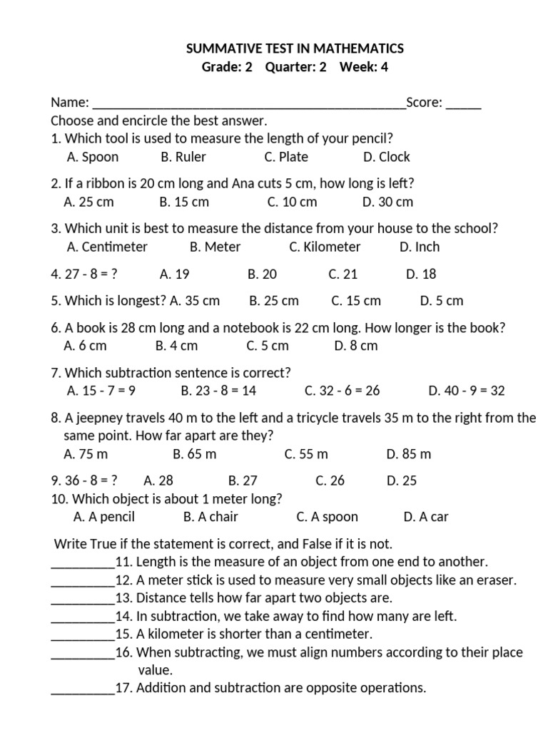 Grade 2 Math Summative Test Q2 | PDF | Subtraction | Chess Theory