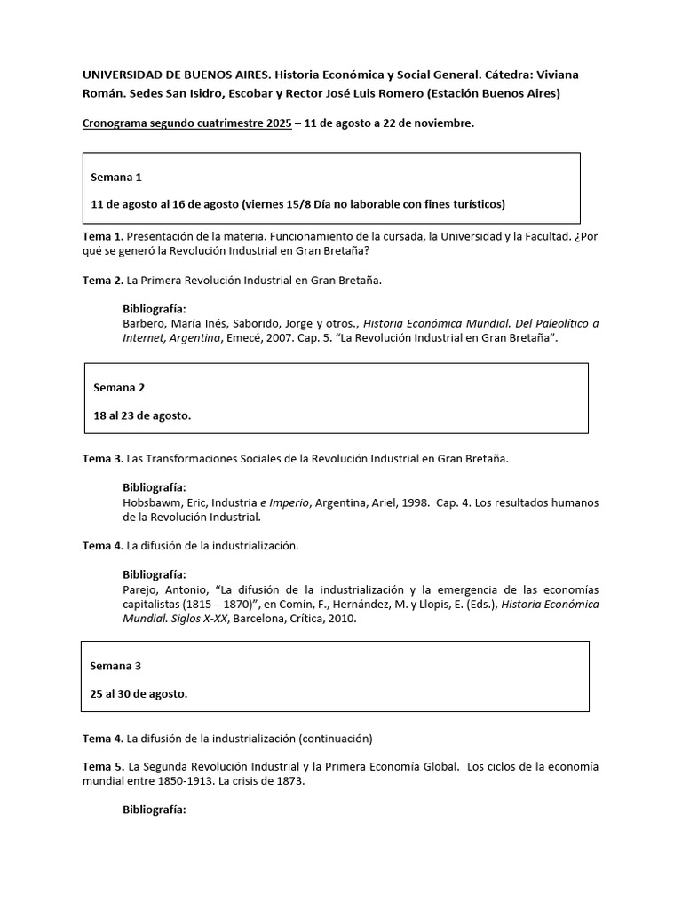 Cronograma 2C-2025 - HESG - Cátedra Román. | PDF | Unión Soviética ...