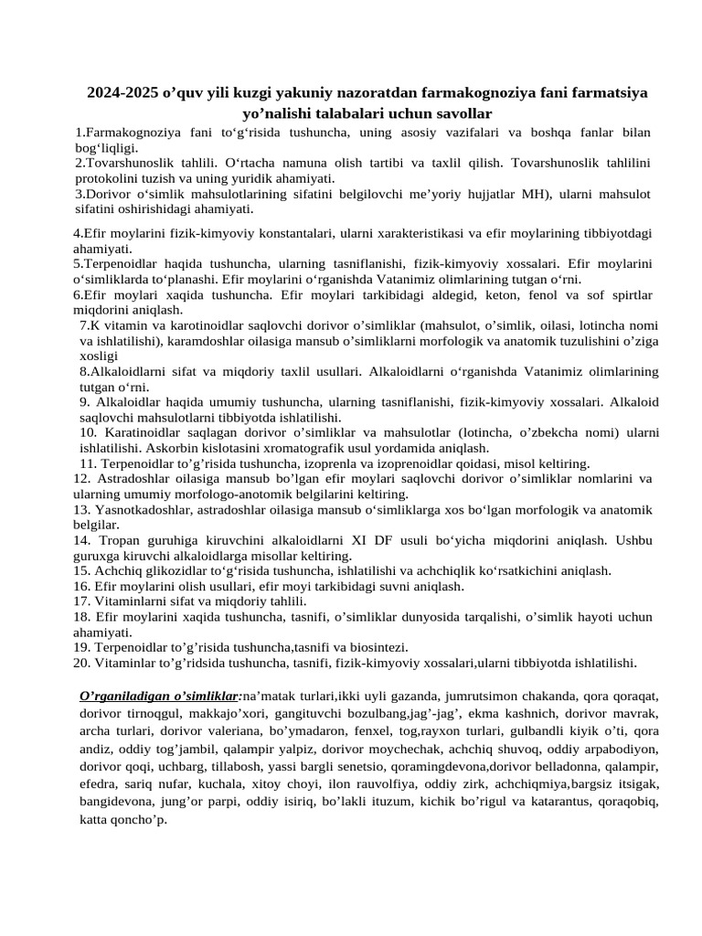 Farmatsiyaga Yakuniy Nazorat Savollari 1 | PDF