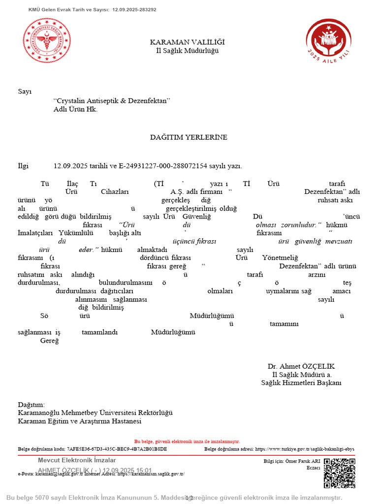 Crystalin Antiseptik - Dezenfektan Adli Urun Hk. | PDF