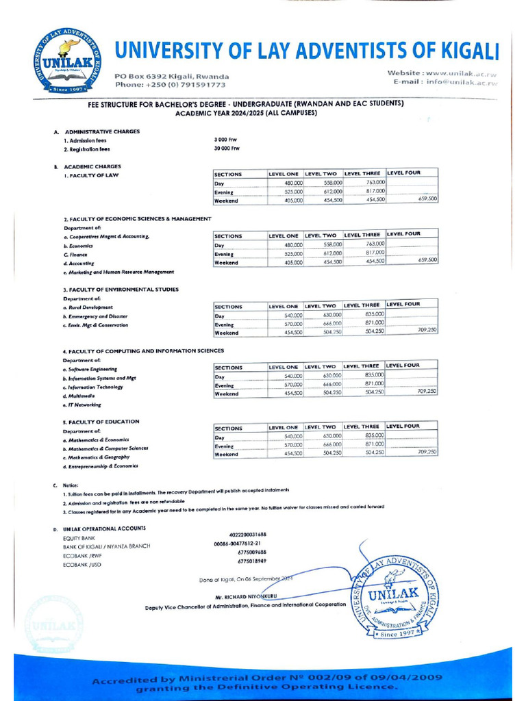TUITION 2024 2025 Undegrad Rwandan and EAC | PDF