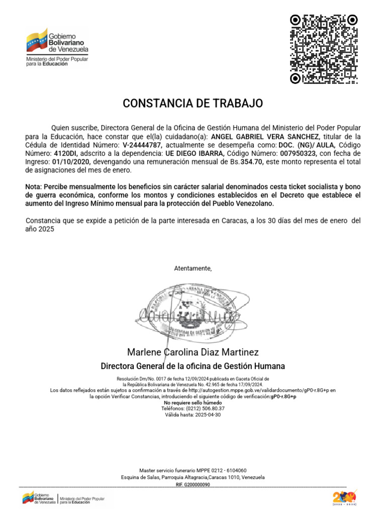 Constancia de Trabajo de Angel Vera | PDF