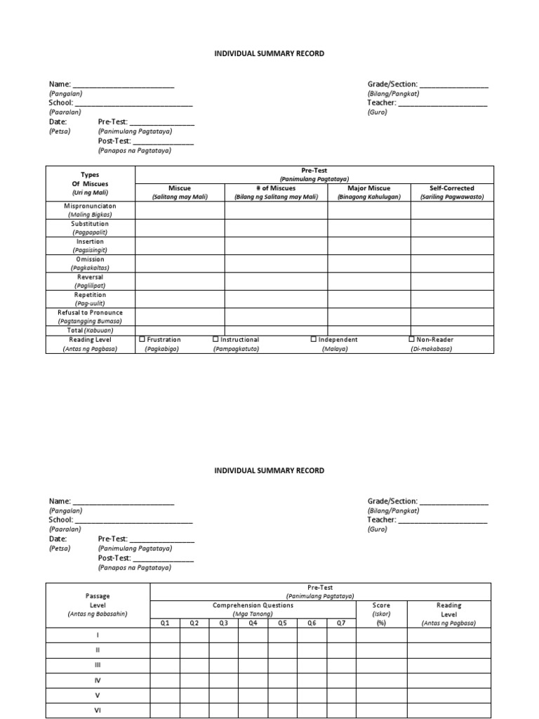 Individual Reading Assessment Record | PDF