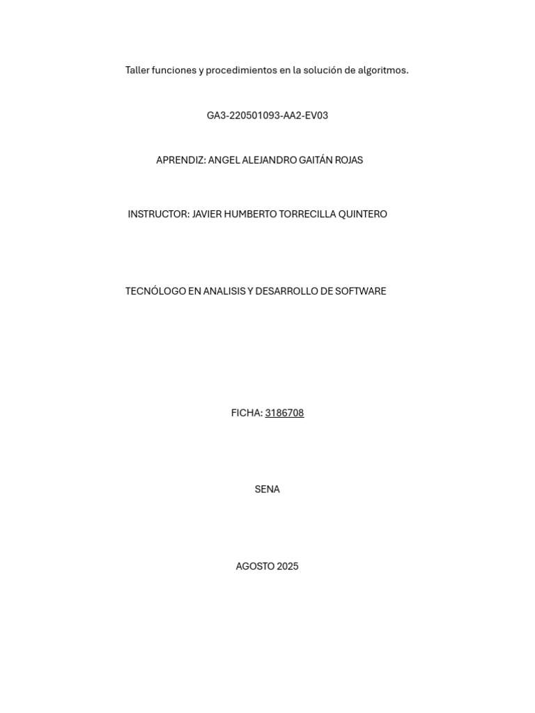 Taller Funciones y Procedimientos en La Solución de Algoritmos | PDF ...