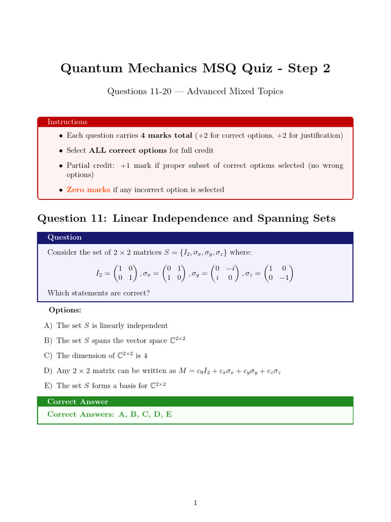 Quantum Mechanics MSQ Quiz: Advanced Topics | PDF | Basis (Linear ...
