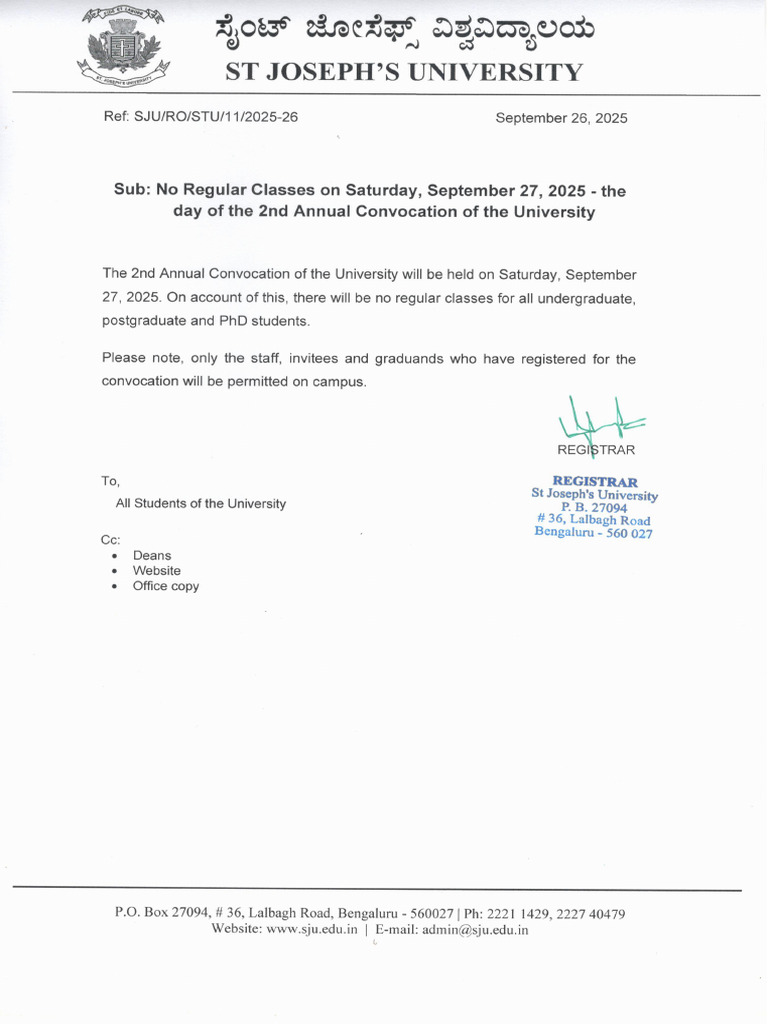 Notice - Students-No Regular Classes, September 27, 2025 | PDF