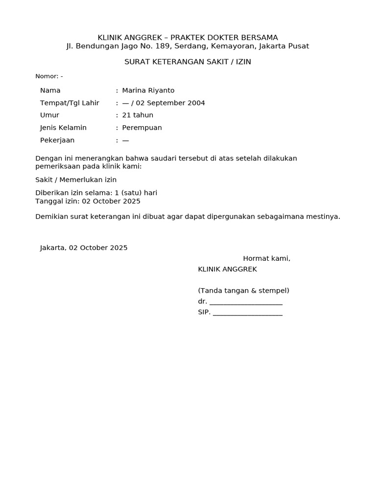 Surat Izin Sakit Klinik Anggrek | PDF