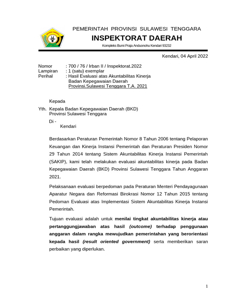 Laporan Hasil Evaluasi Lakip BKD 2021 | PDF