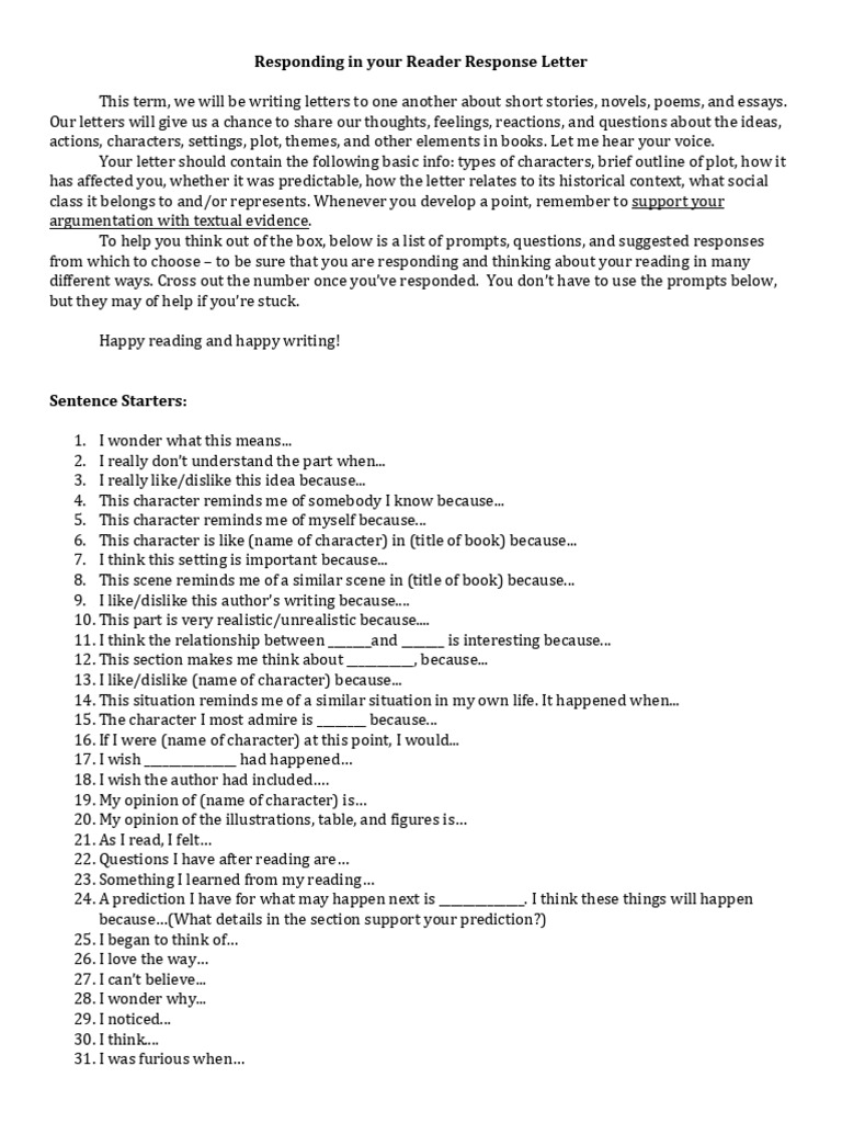 Reader Response Guidelines and Prompts | PDF | Narration