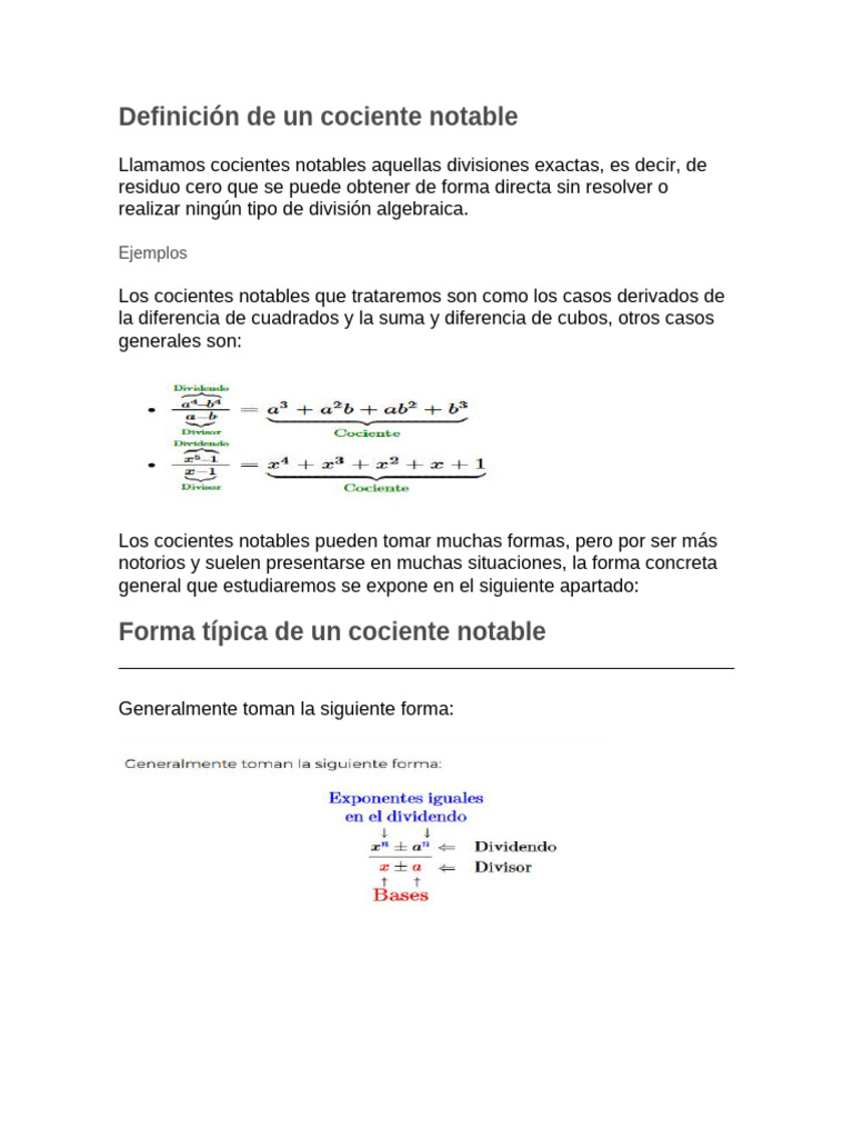 Definición y desarrollo de cocientes notables | PDF | División ...