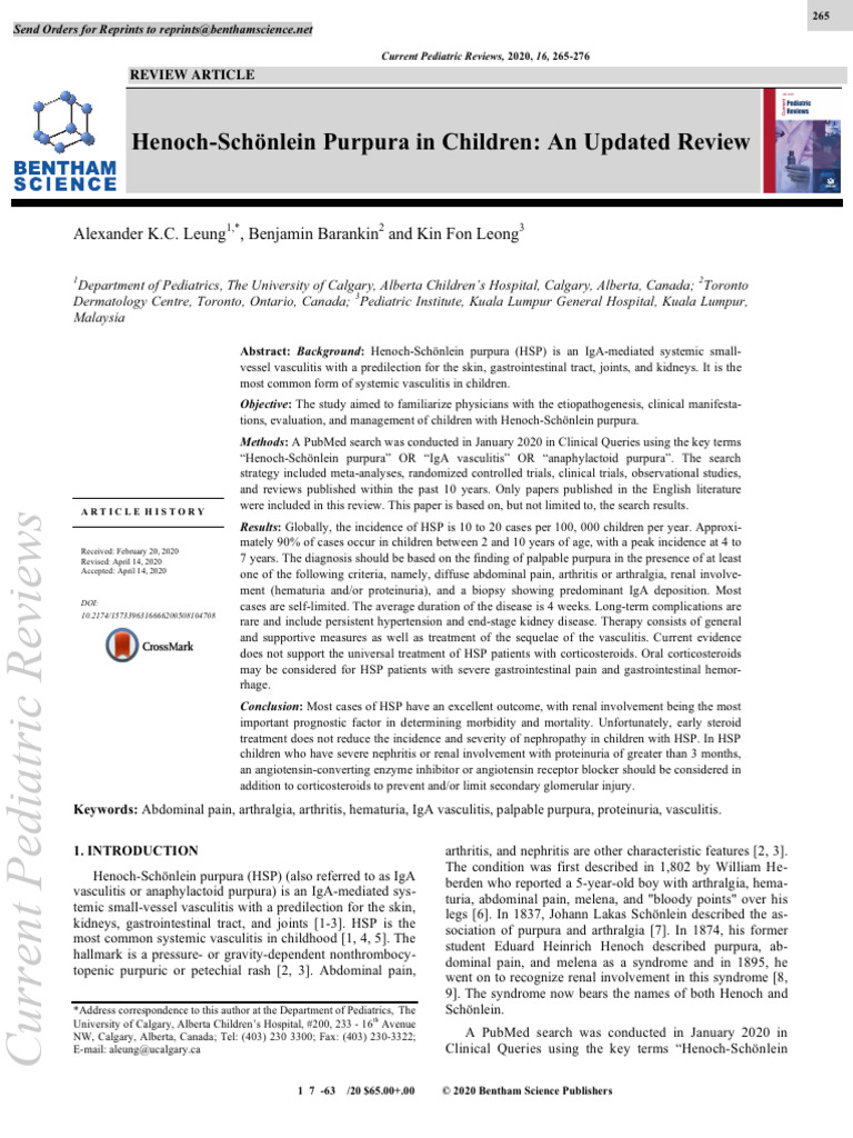 2020 Leung HSP in Children | PDF | Clinical Medicine | Medical Specialties