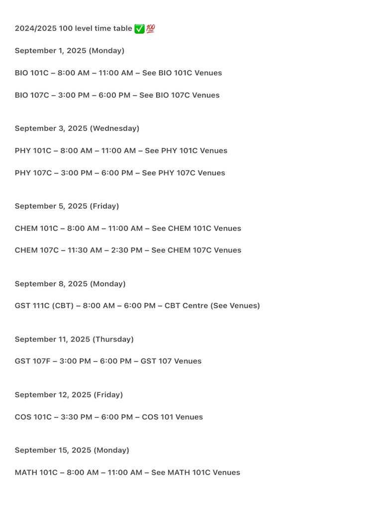 2024/2025 100 Level Timetable | PDF
