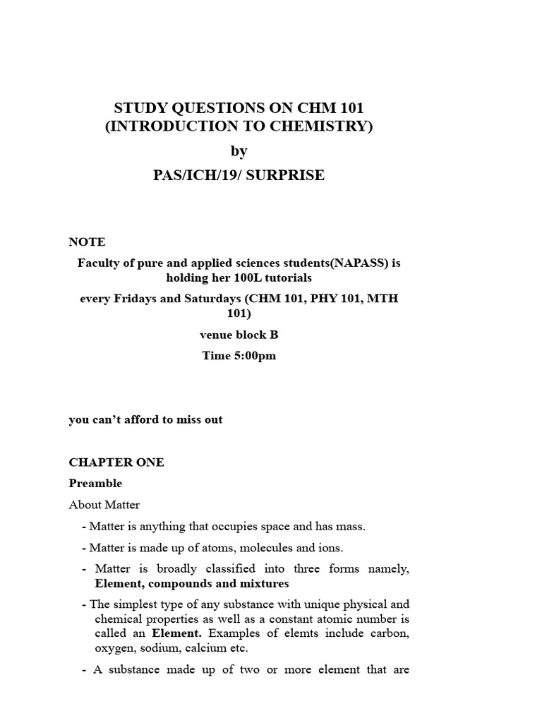 CHM 101.. (Study Questions ND Answers) | PDF | Atoms | Atomic Orbital