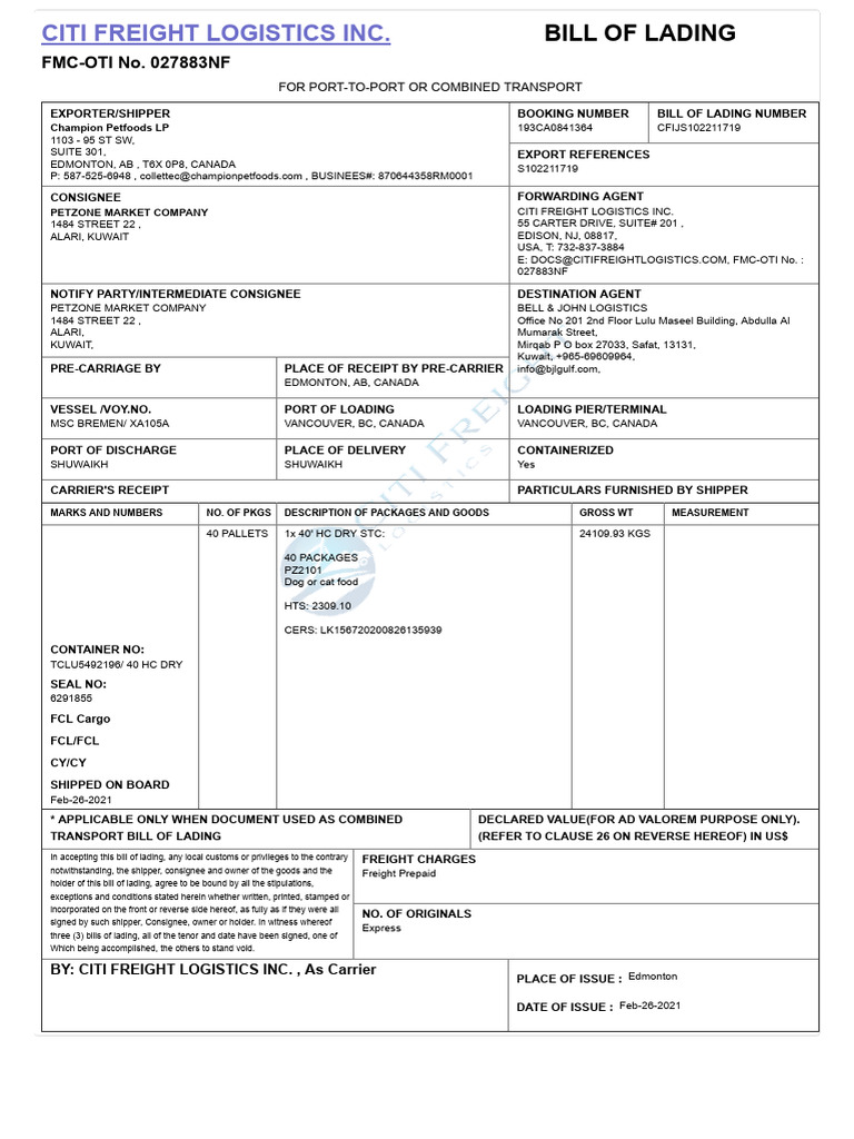 HBL Express Bill of Lading Details | PDF | Cargo | Bill Of Lading