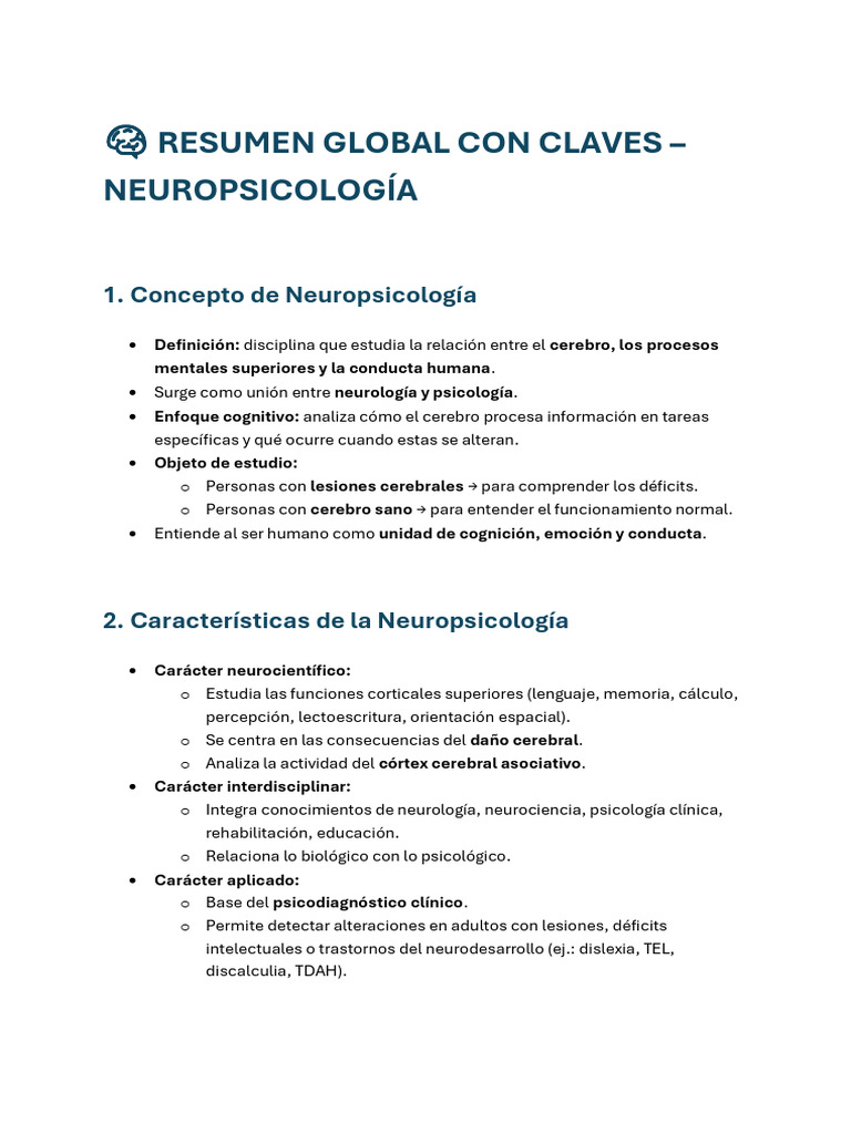 ? Resumen Global Con Claves - Neuropsicología | PDF | Neuropsicología | Lóbulo frontal