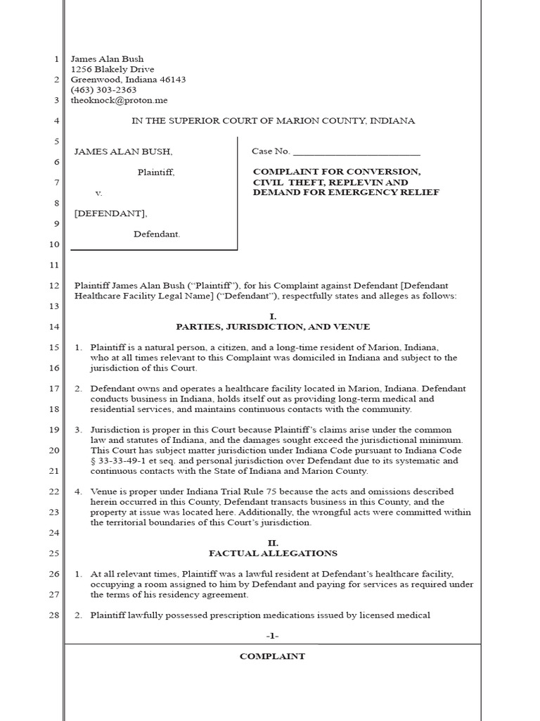 Complaint For Conversion & Replevin (Hawthorne Healthcare Center) | PDF ...