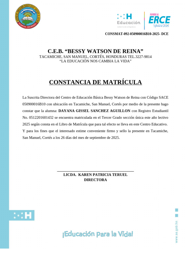 Constancia de Matrícula Bessy Watson de Reina | PDF