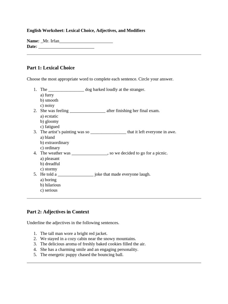 Lexical Choice, Adjectives, and Modifiers Worksheet | PDF | Grammar ...