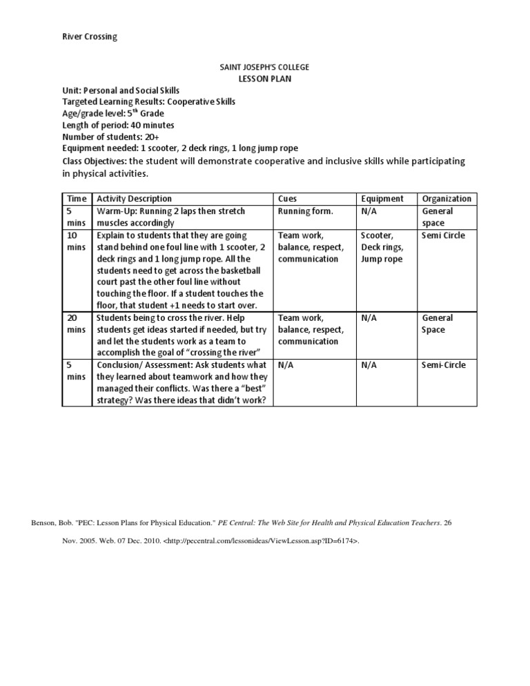 River Crossing Activity Lesson Plan | PDF | Physical Education | Lesson ...
