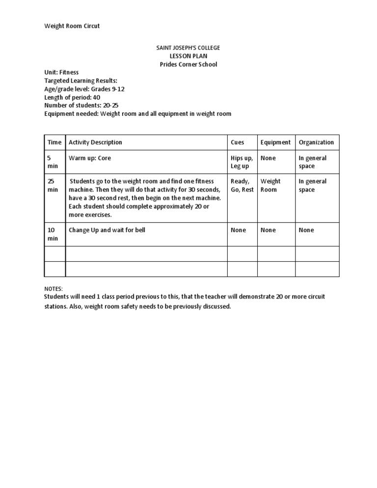 Weight Room Circuit Lesson Plan | PDF | Career & Growth | Self-Improvement