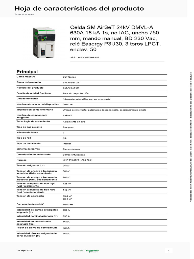 Interruptor SM AirSeT 24kV 630A 16kA | PDF | Transformador | Relé