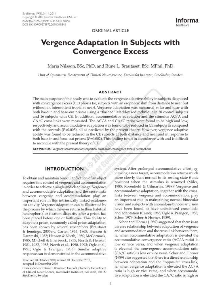 Vergence Adaptation in Convergence Excess | PDF | Ophthalmology | Human Eye