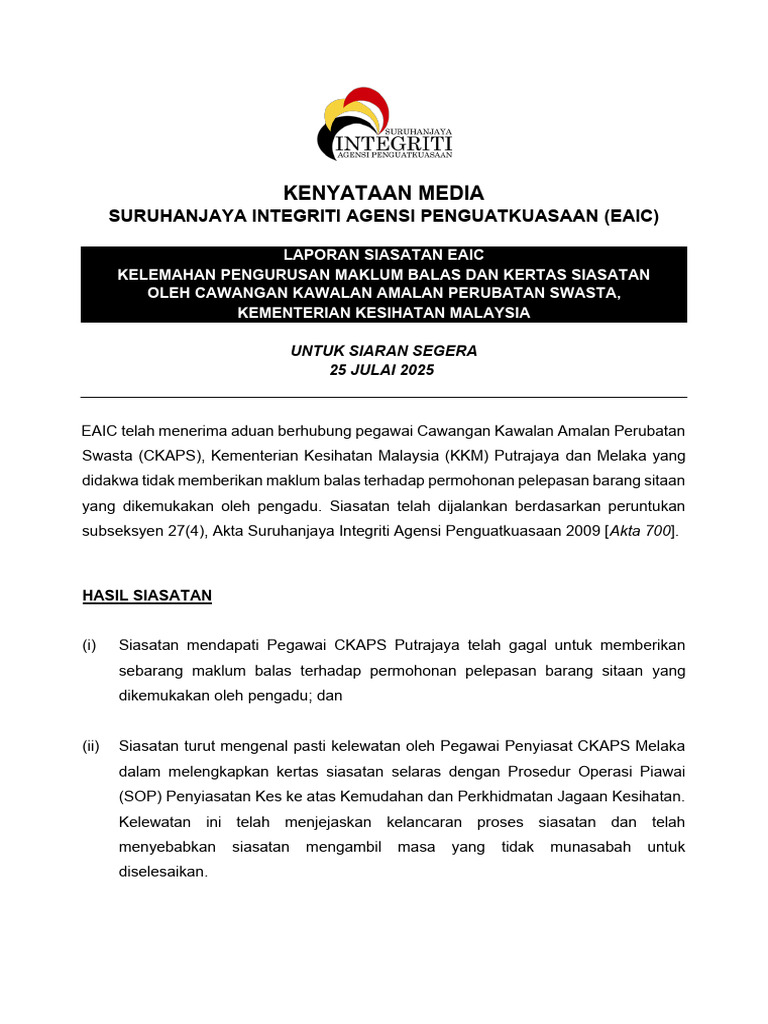 250725-Km Kelemahan Pengurusan Kertas Siasatan Oleh Ckaps KKM | PDF