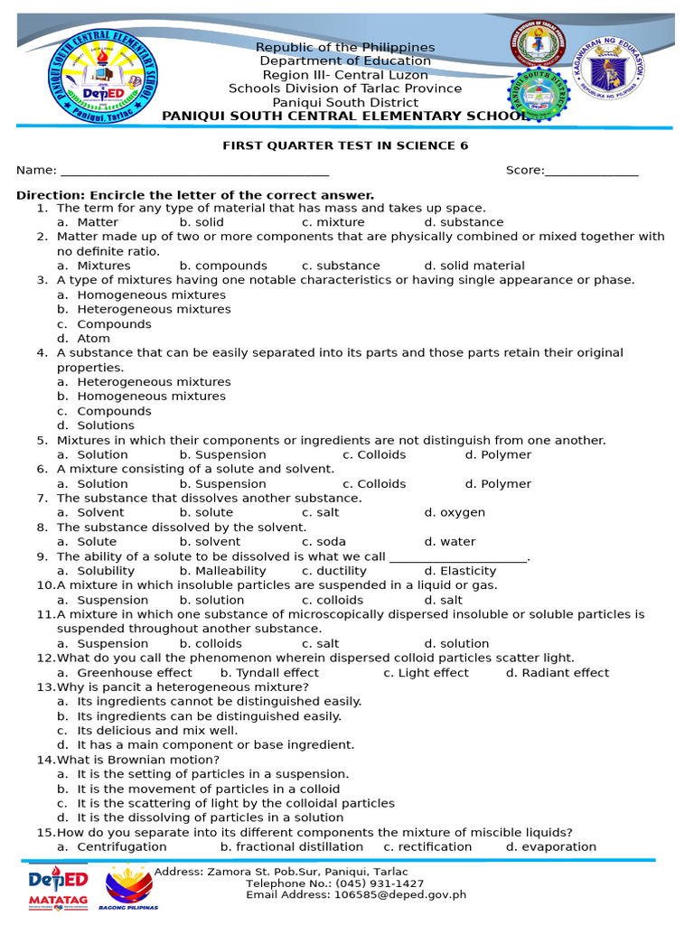 First Quarter Test in Science 6 | PDF | Mixture | Solubility