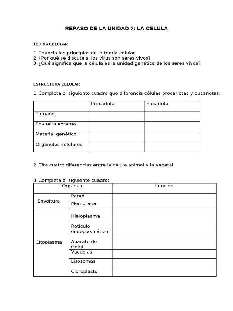 Actividades de Repaso Tema 2 Lacélula | PDF | Biología Celular) | Biología Celular