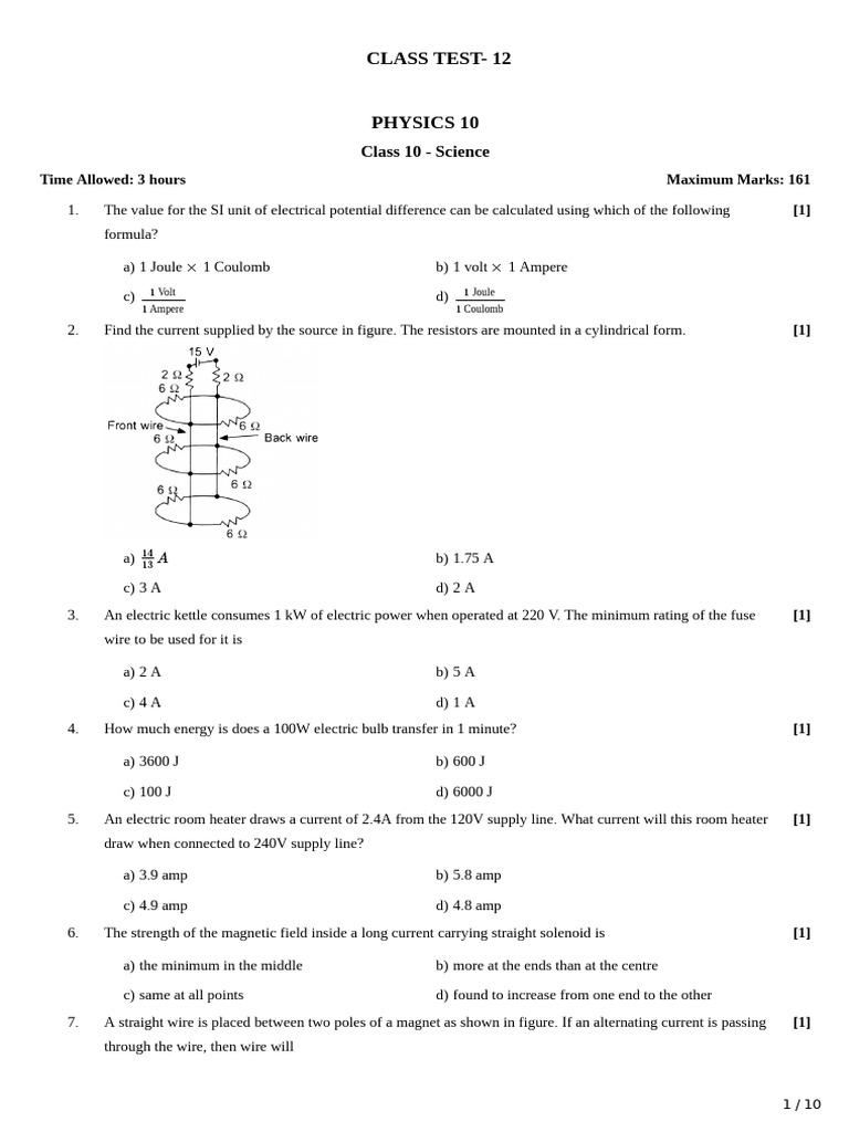 Class 10 Physics Test on Electricity Concepts | PDF | Series And ...