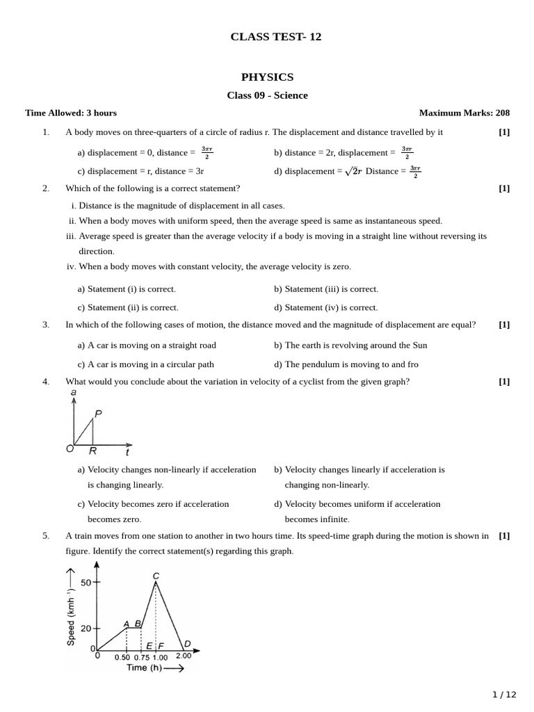 Physics Class 9 Test on Motion Concepts | PDF | Acceleration | Force