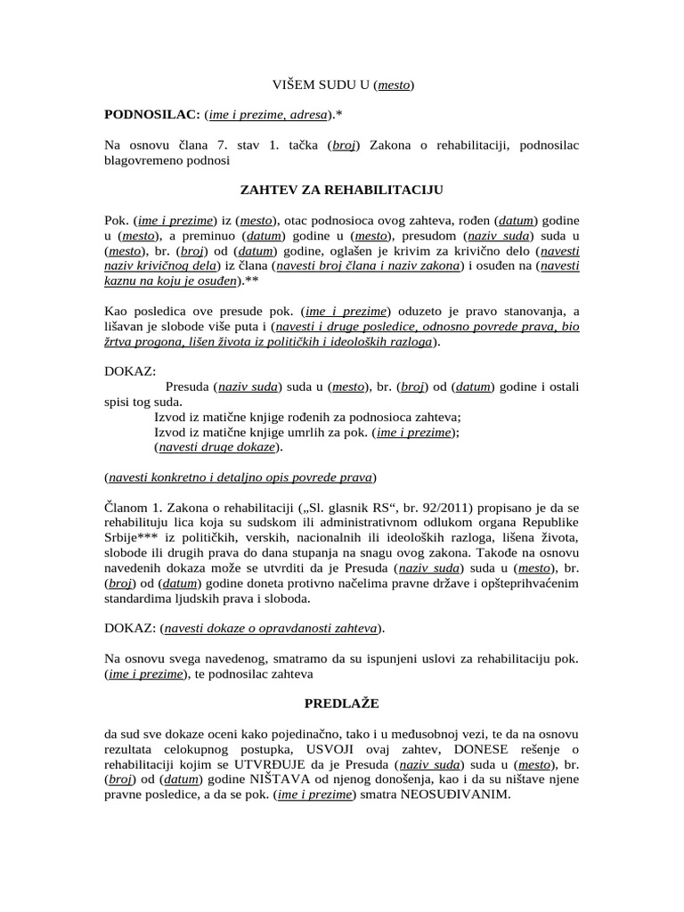 Zahtev Za Rehabilitaciju | PDF
