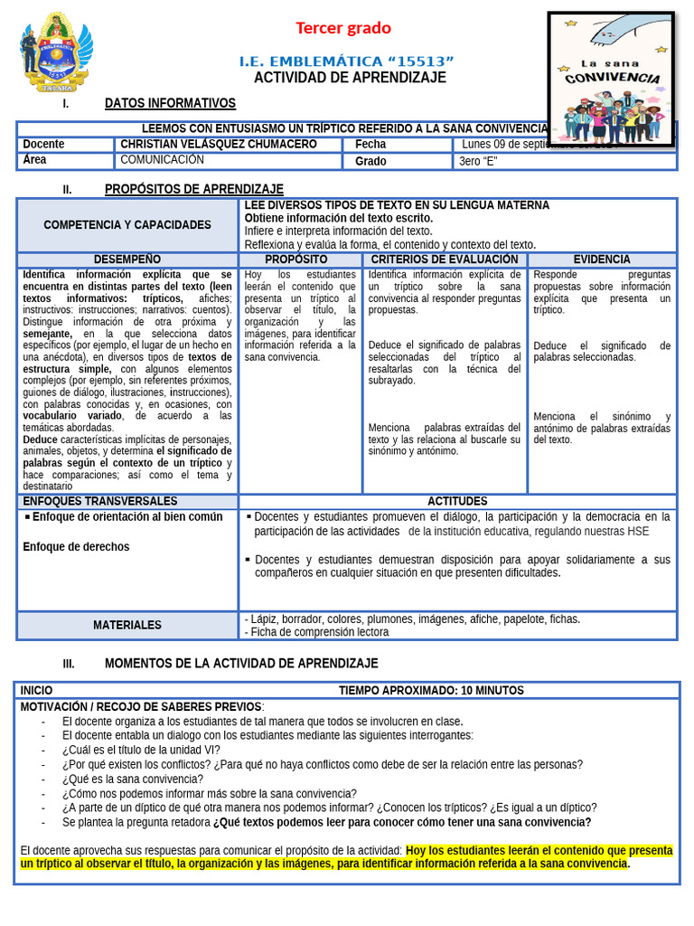 Sesión Comunicacion - Llemos Un Triptico 09 de Setiembre | PDF | Información | Enseñando