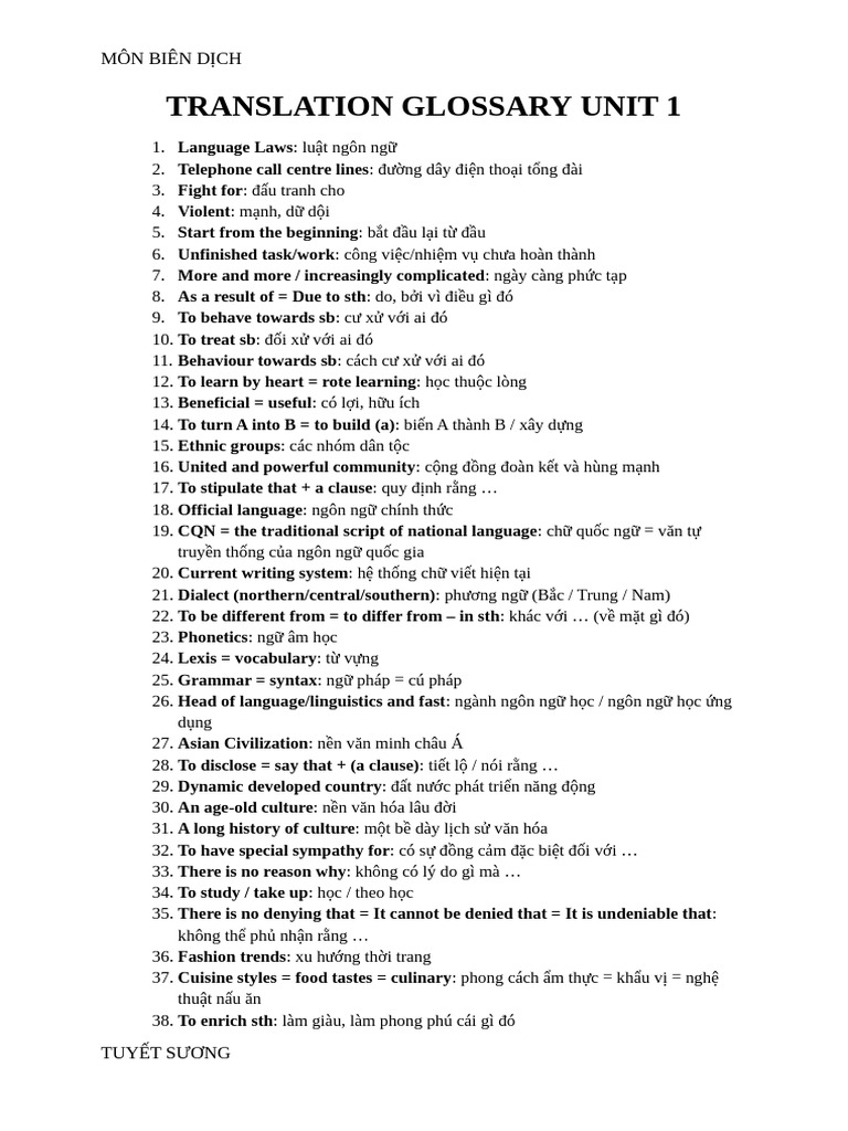 Translation Glossary Unit 1 | PDF