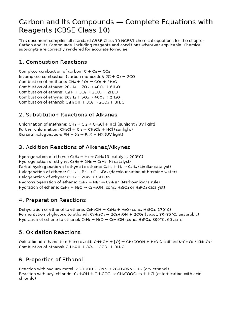Carbon and Its Compounds CBSE Class10 Equations Full Fixed | PDF ...
