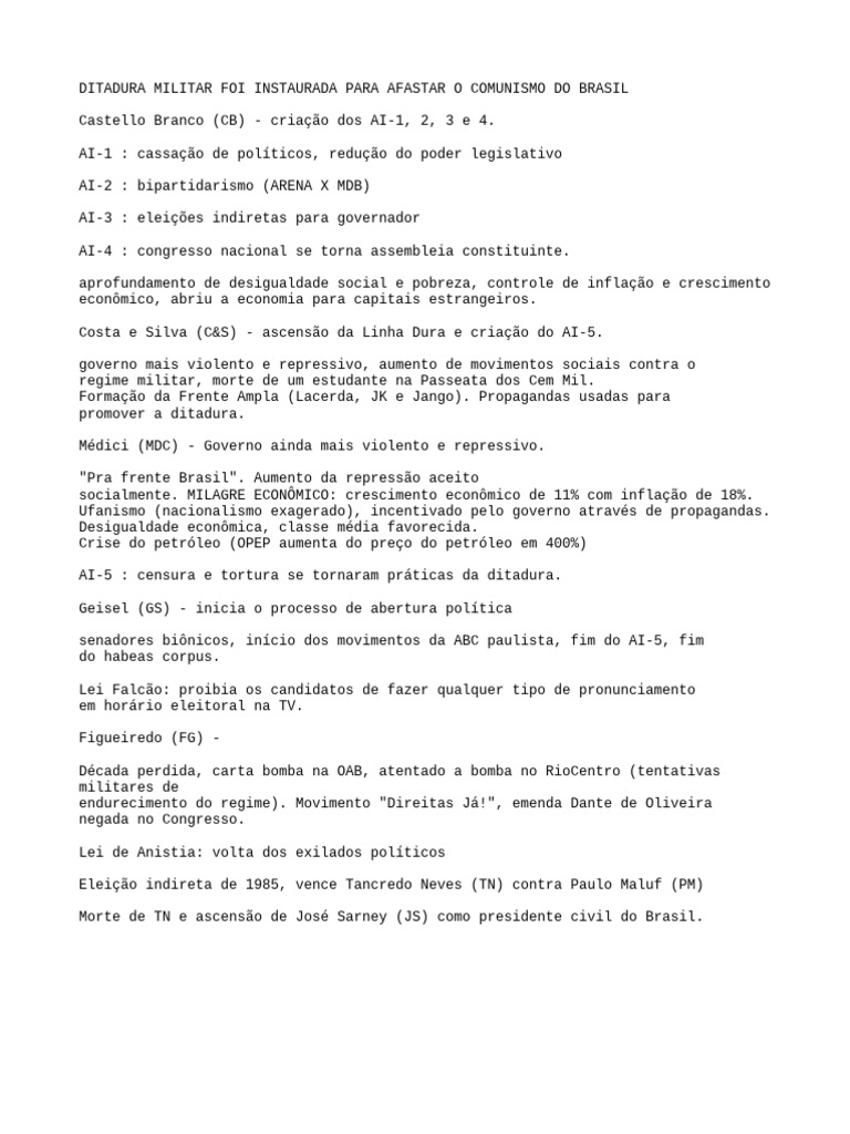 Ditadura Militar no Brasil: Repressão e Abertura | PDF