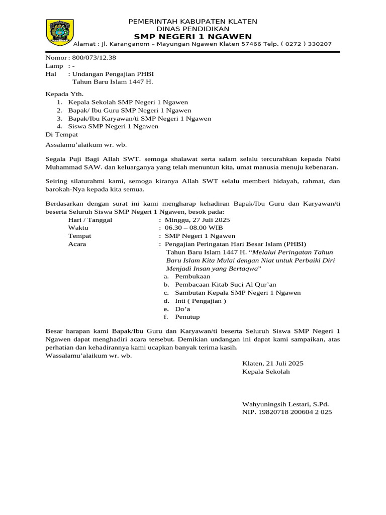 Undangan Pengajian PHBI - Tahun Baru Islam | PDF