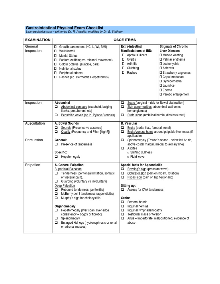 Gastrointestinal Physical Exam Checklist 1 | PDF